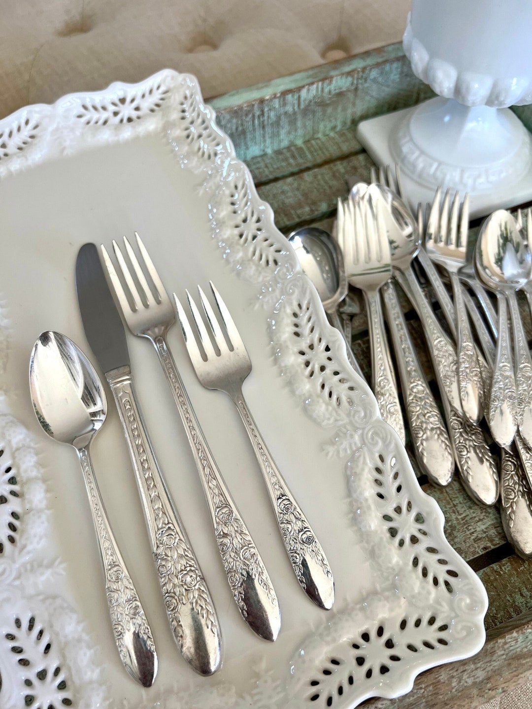National Silver Co. Silver Plate 22 Piece Flatware Set Rose and Leaf ...