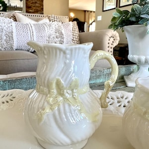 Belleek Pottery Ireland Creamer and Open Sugar Yellow Ribbon Pattern ...