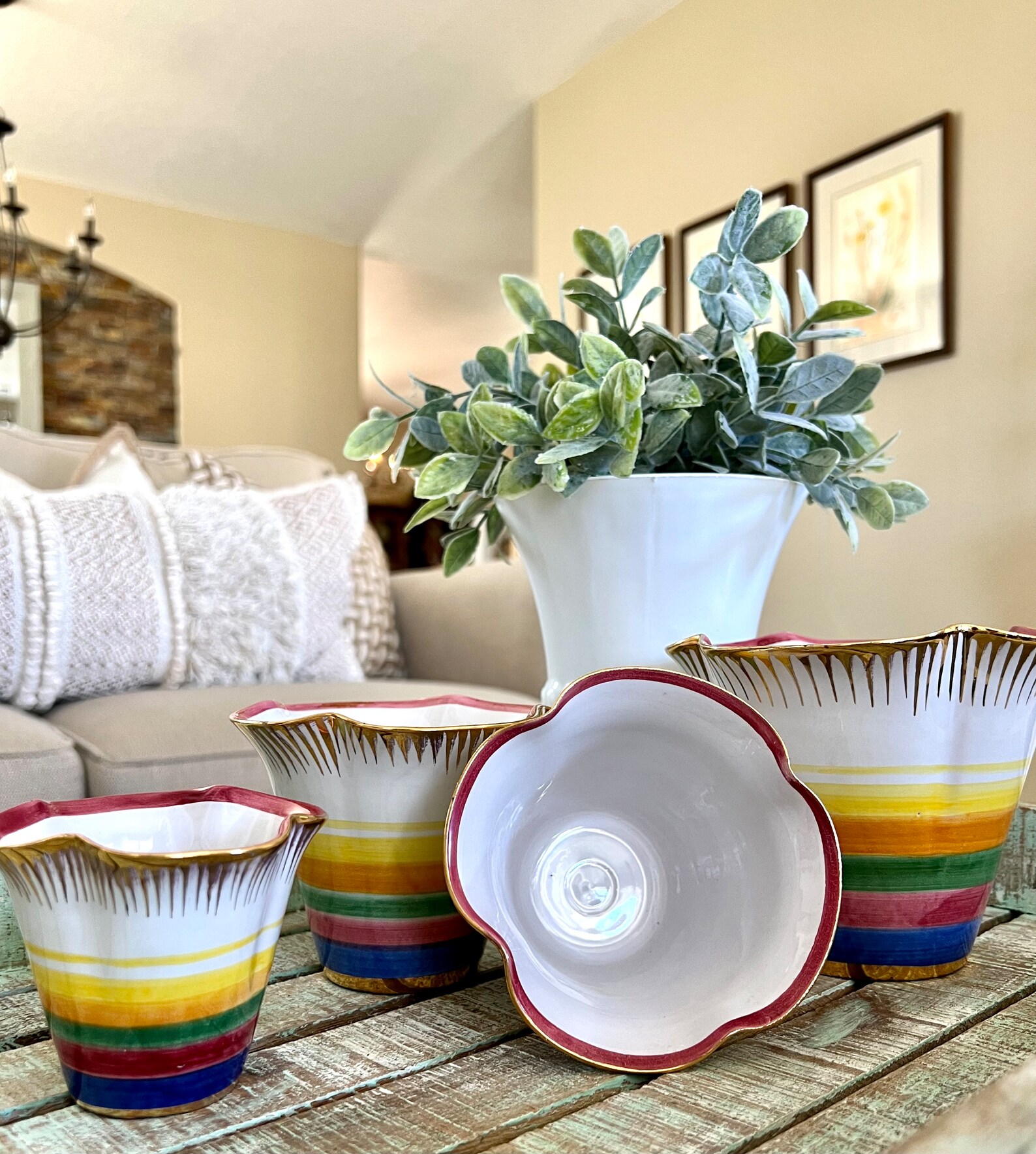 Set of Four Rainbow Colored Planters Made in Italy Gold Trim Varying ...