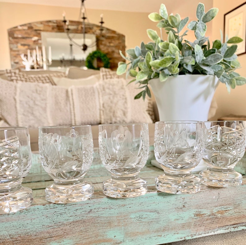 Five Crystal Shot or Schnapps Glasses Etched Rose and Criss | Etsy