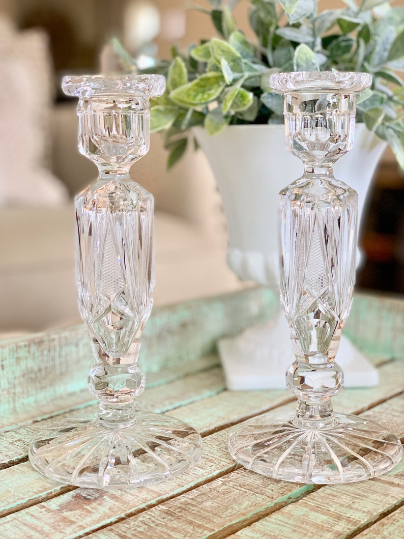 Gorham Crystal Single Light Candlestick Set of Two Vertical Fan ...