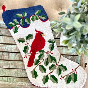 Vintage Completed Hooked Stocking Red Cardinal on Holly Leaves, Red ...