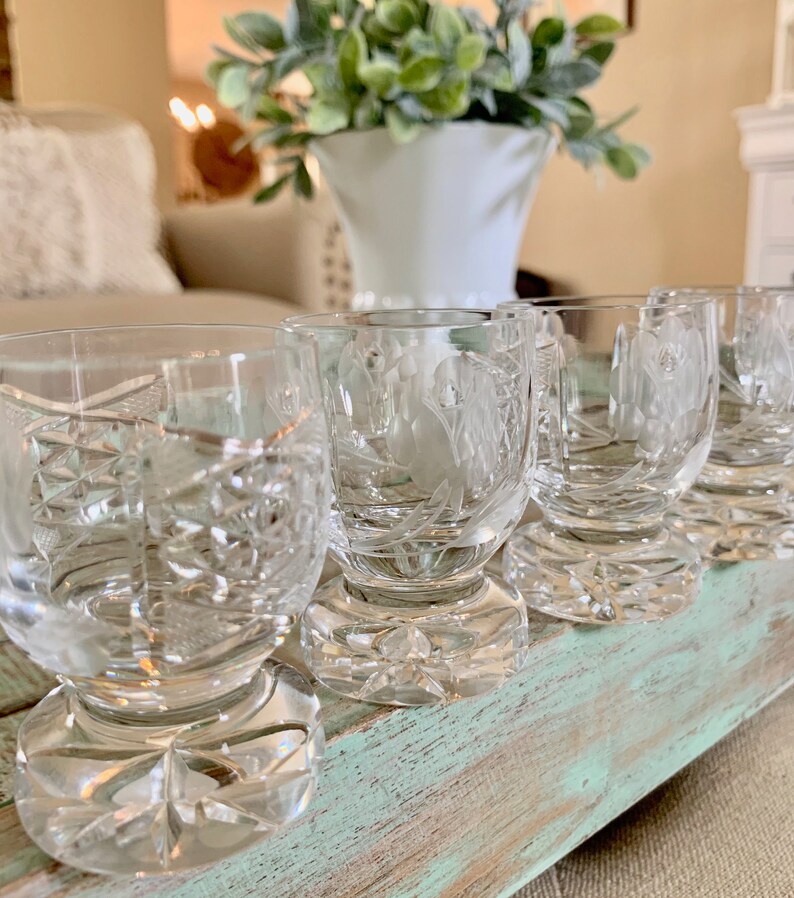 Five Crystal Shot or Schnapps Glasses Etched Rose and Criss | Etsy
