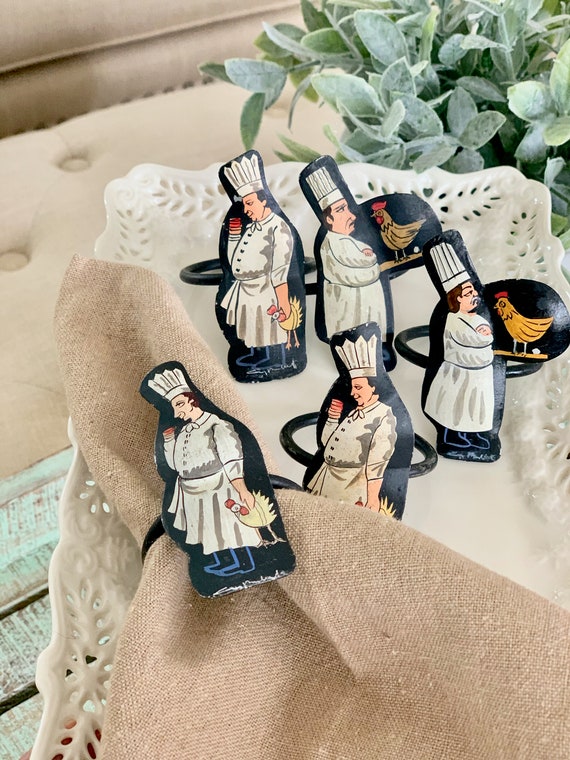 5 Metal Chef with Chicken Artist Signed Hand Painted Napkin | Etsy