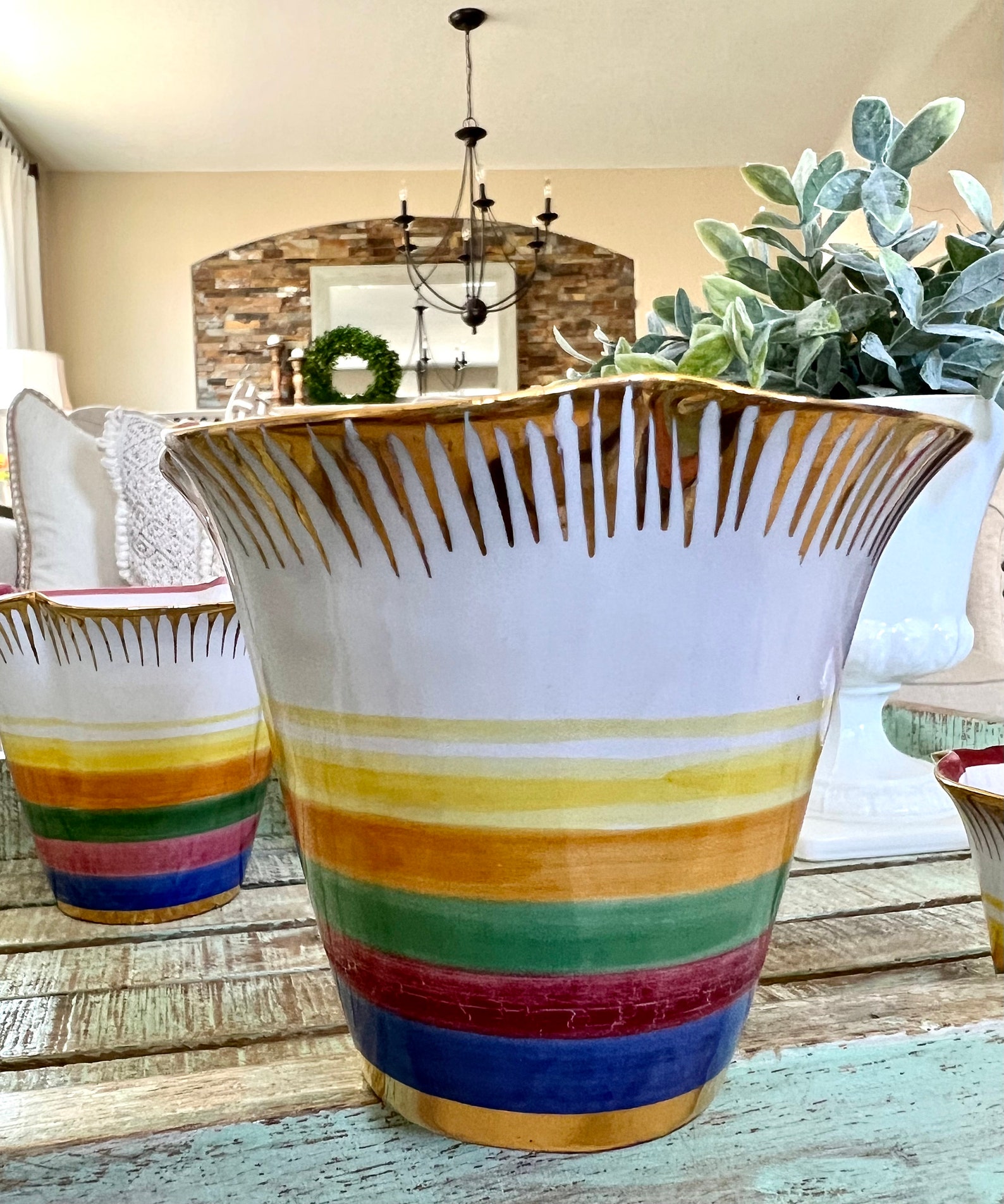 Set of Four Rainbow Colored Planters Made in Italy Gold Trim - Etsy