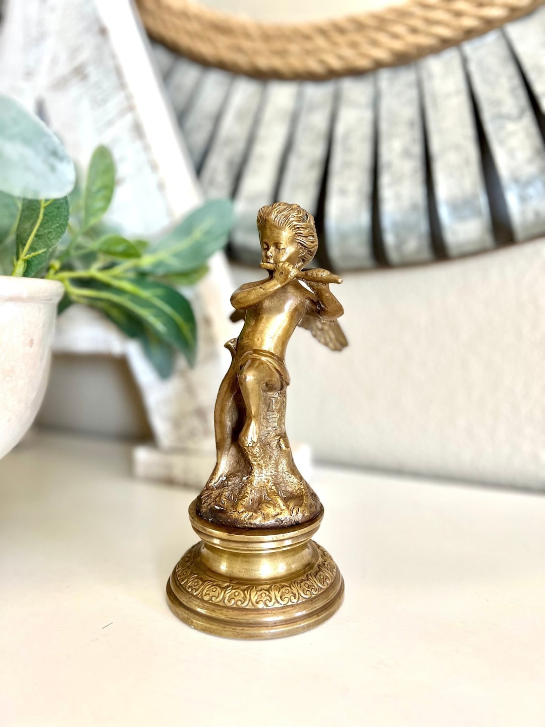 Vintage Brass Cherub Playing Flute, Angel Statue, Patina Brass ...