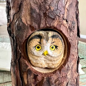 Vintage Wood Carving Pair of Owls in Tree Stump, Owl in Log Hand ...