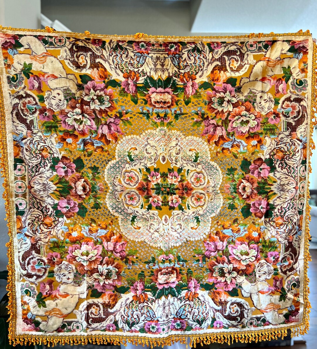 Vintage Italian Colorful Cherub and Floral Chenille / Crushed Velvet ...