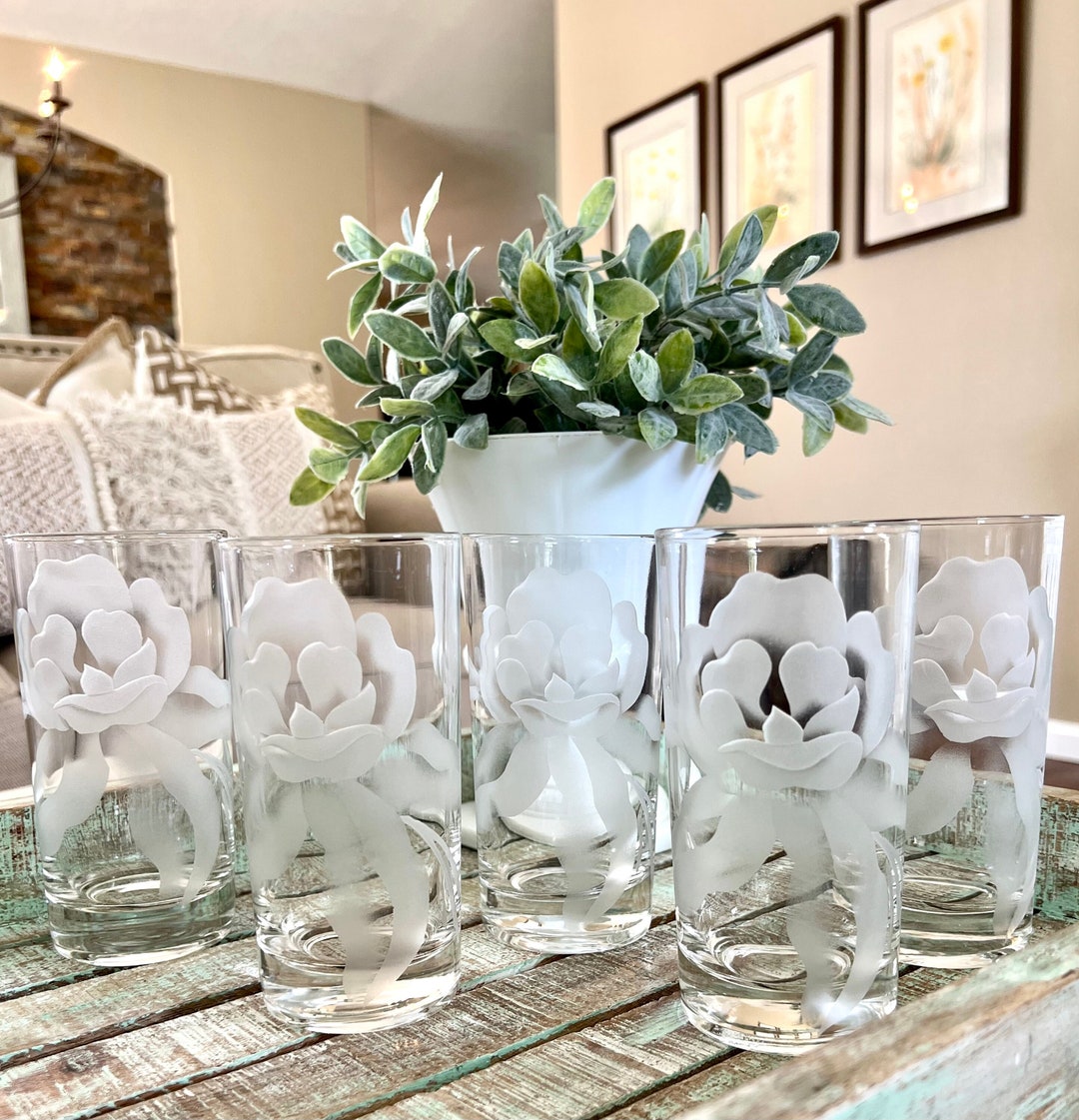 5 Orchid Etched Sand Blasted Glassware Tumblers Mid Century Modern ...