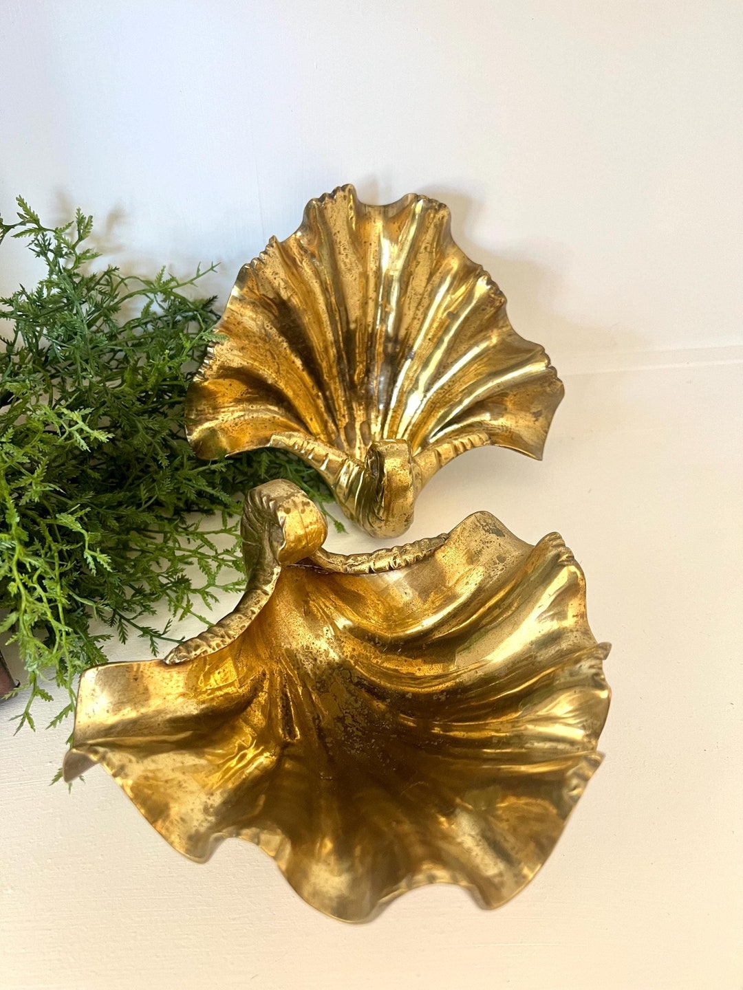 Vintage Pair of Mid Century Footed Brass Shell Dishes or Trinket Dish ...