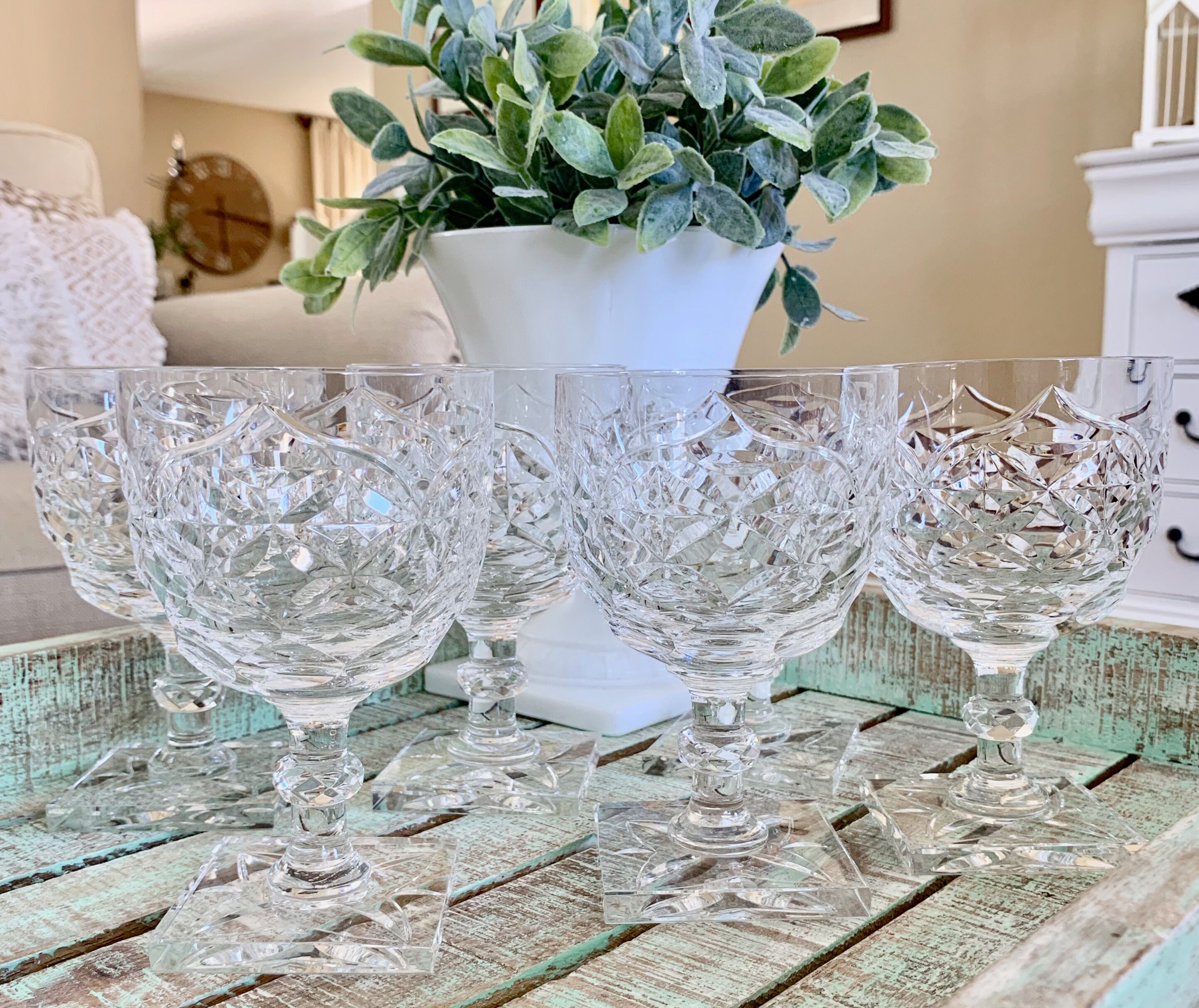 Set of Six Crystal Wine Glass Cut Bowl Faceted Stem Square Base ...