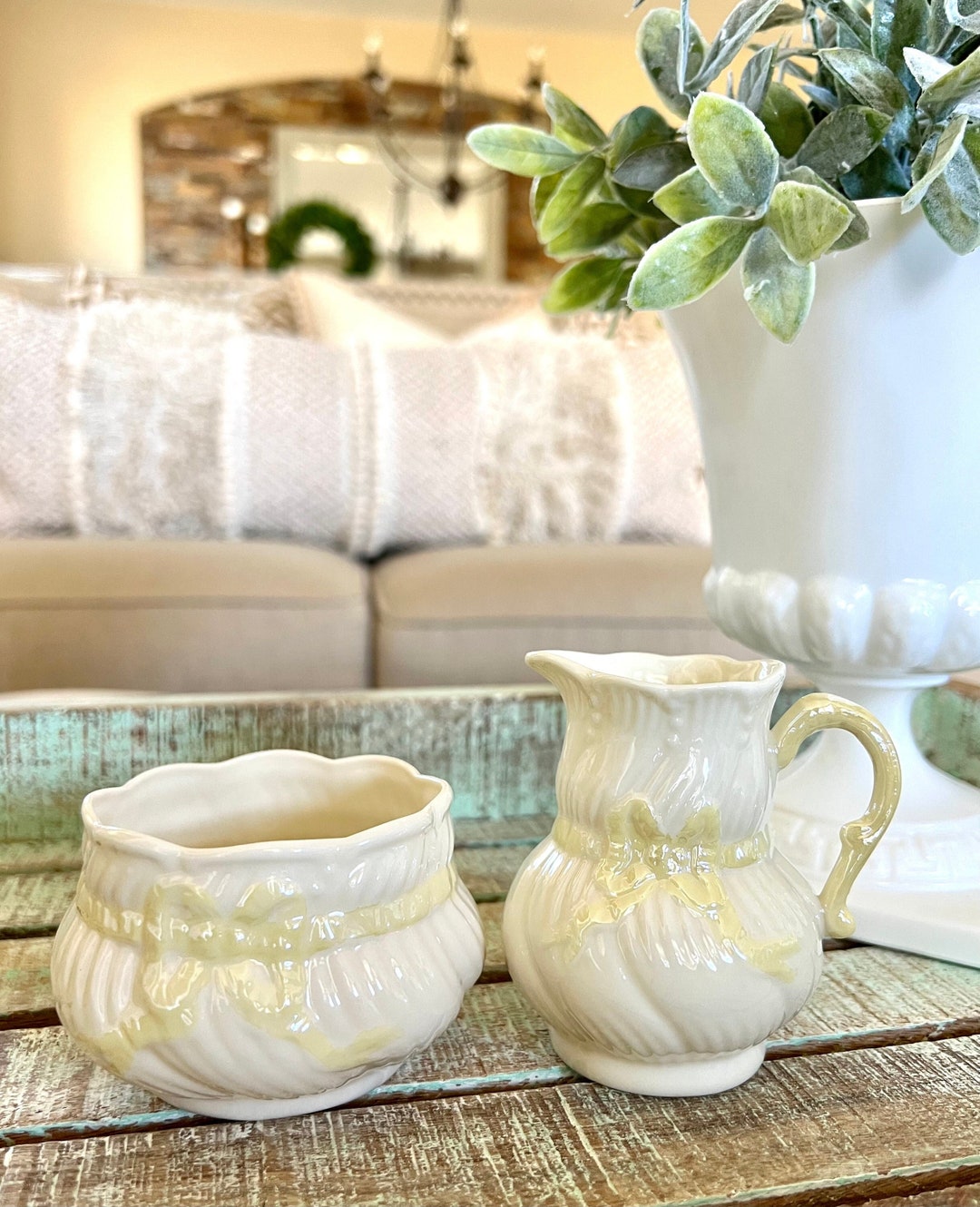Belleek Pottery Ireland Creamer and Open Sugar Yellow Ribbon Pattern ...