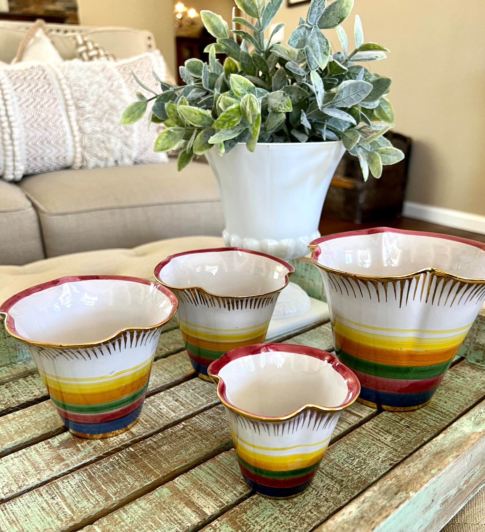 Set of Four Rainbow Colored Planters Made in Italy Gold Trim Varying ...