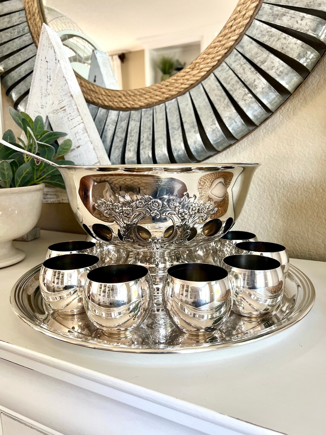 13 Piece Leonard Silver Mfg Co. Silverplated Embossed Punch Bowl Set ...