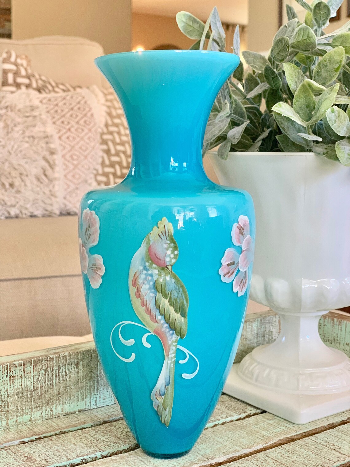 Fenton Landmark Collection Blue Layover Floral and Bird Vase | Etsy