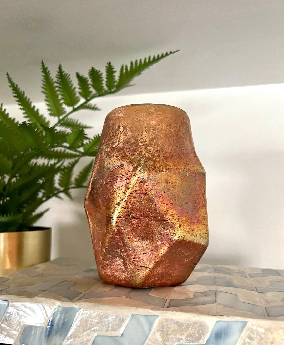 Stunning Geometric Copper and Gold Iridescent Glass Vase Angular Modern ...