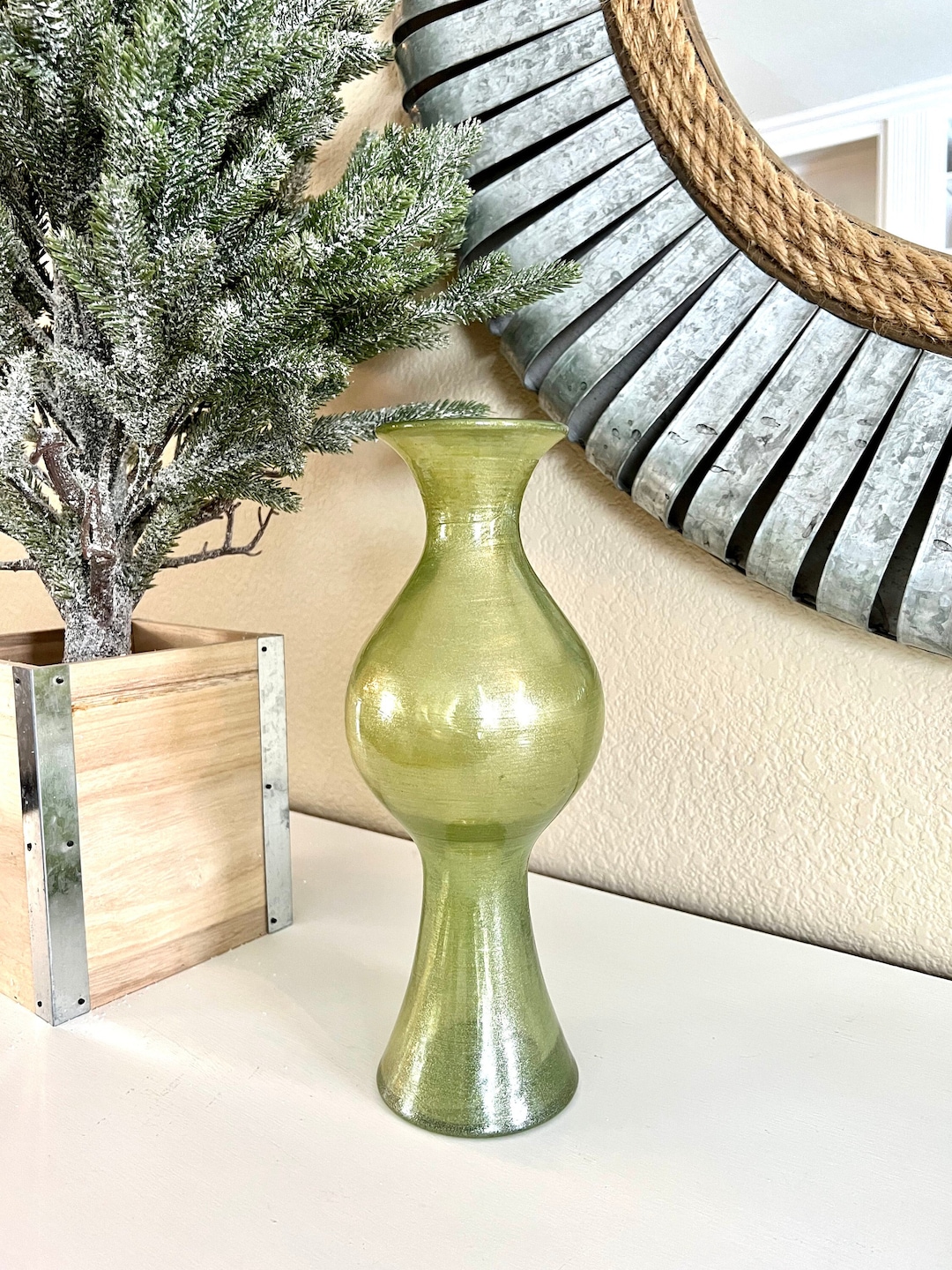 Mid Century Modern Decorative Glass Vase Olive Green With Gold Swirls ...