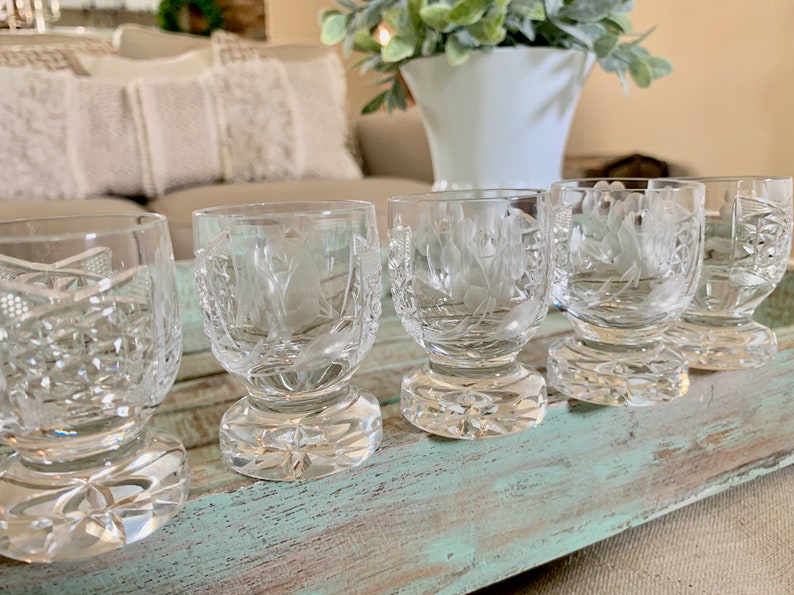 Five Crystal Shot or Schnapps Glasses Etched Rose and Criss | Etsy
