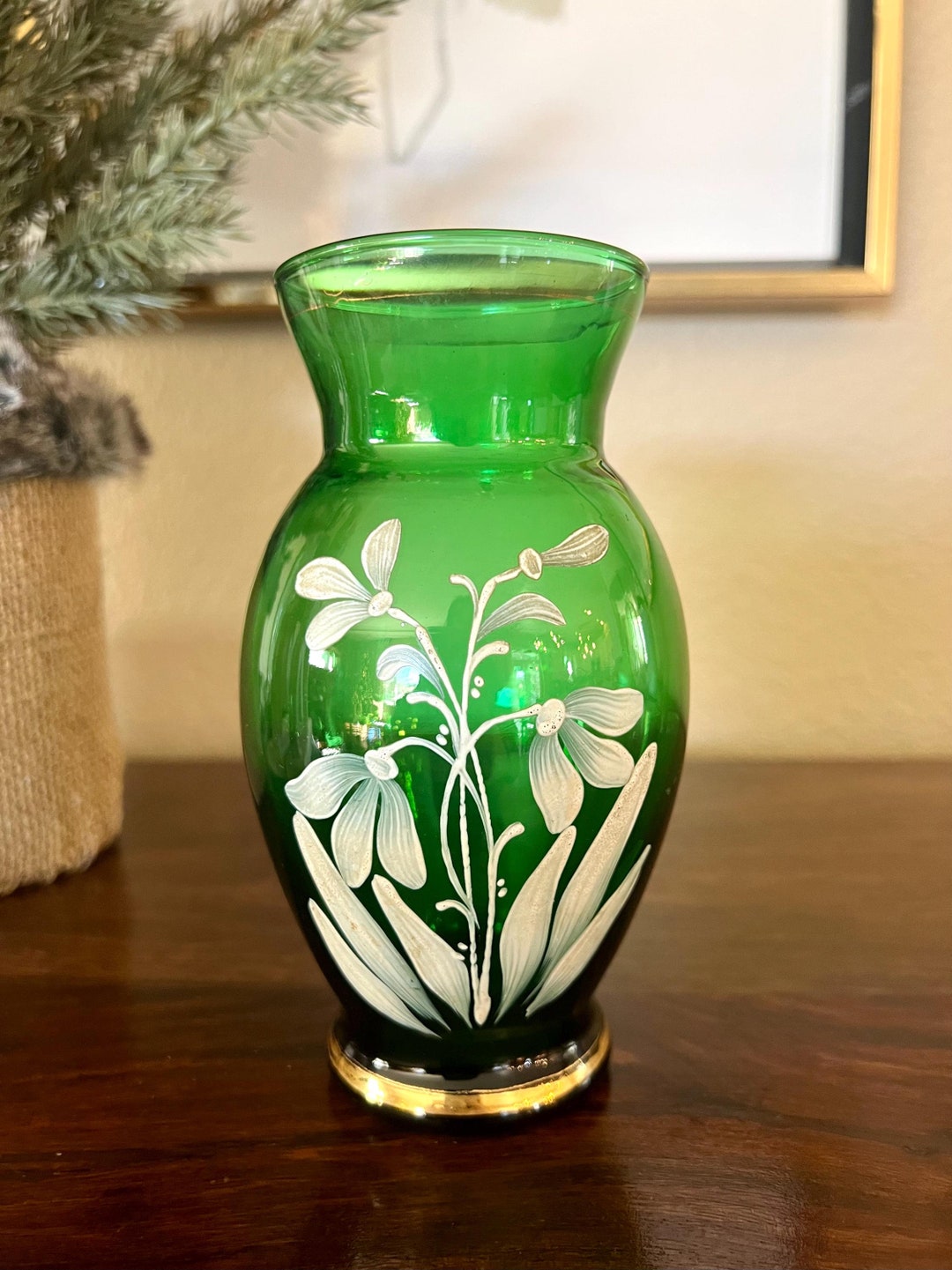 Vintage Emerald Green Glass Vase With Hand Painted White Enamel Floral ...