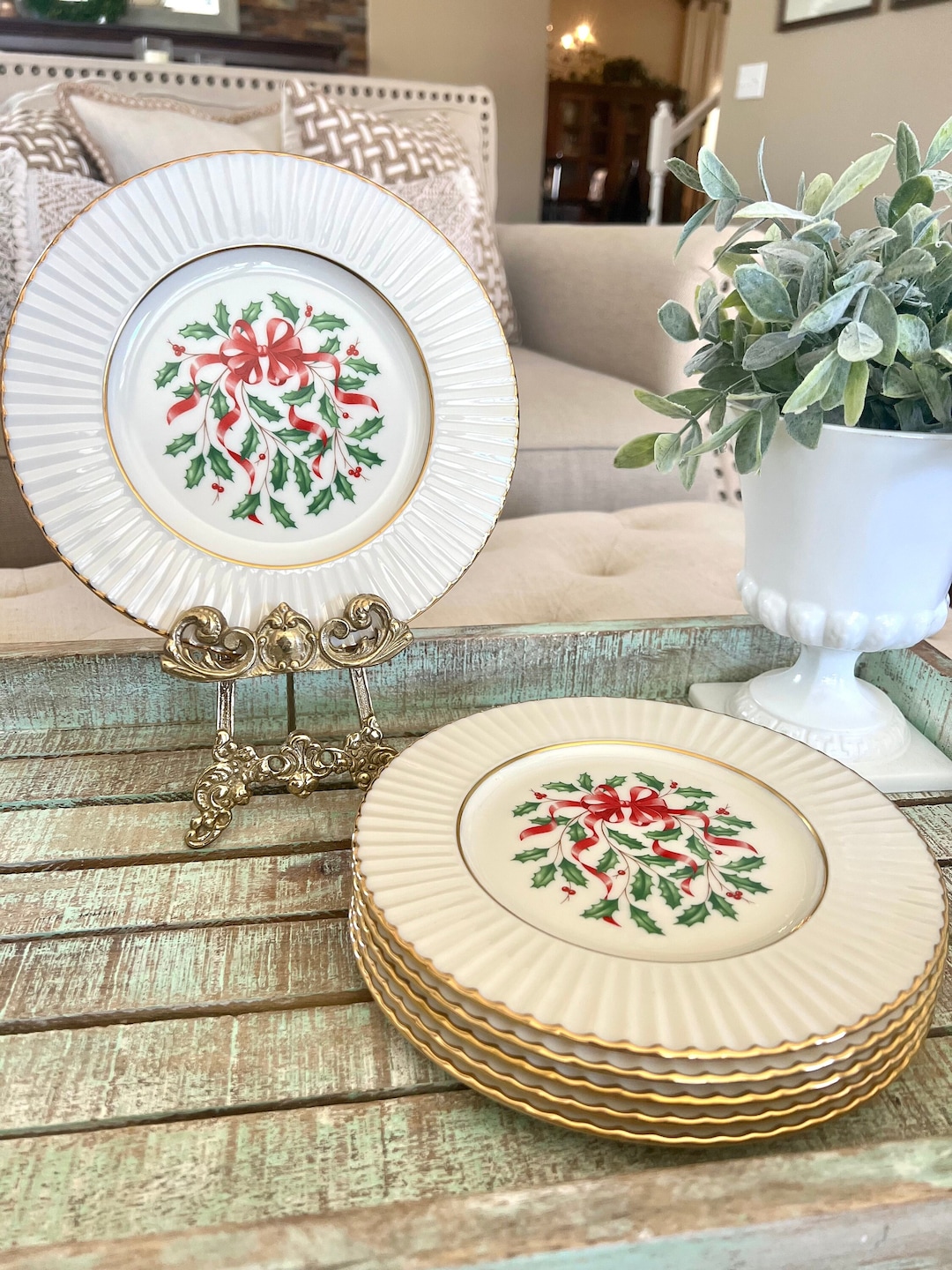Lenox Holiday Temple Collection Gold Trim Red Ribbon Holly Set of 6 ...
