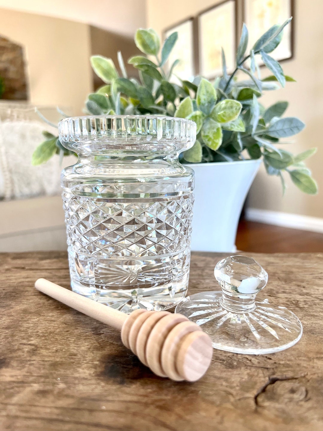 Waterford Crystal Jam Jelly Jar, Honey Jar, Condiment Jar Criss Cross Cut Vertical Cuts Lidded ...