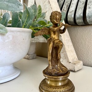 Vintage Brass Cherub Playing Flute, Angel Statue, Patina Brass ...