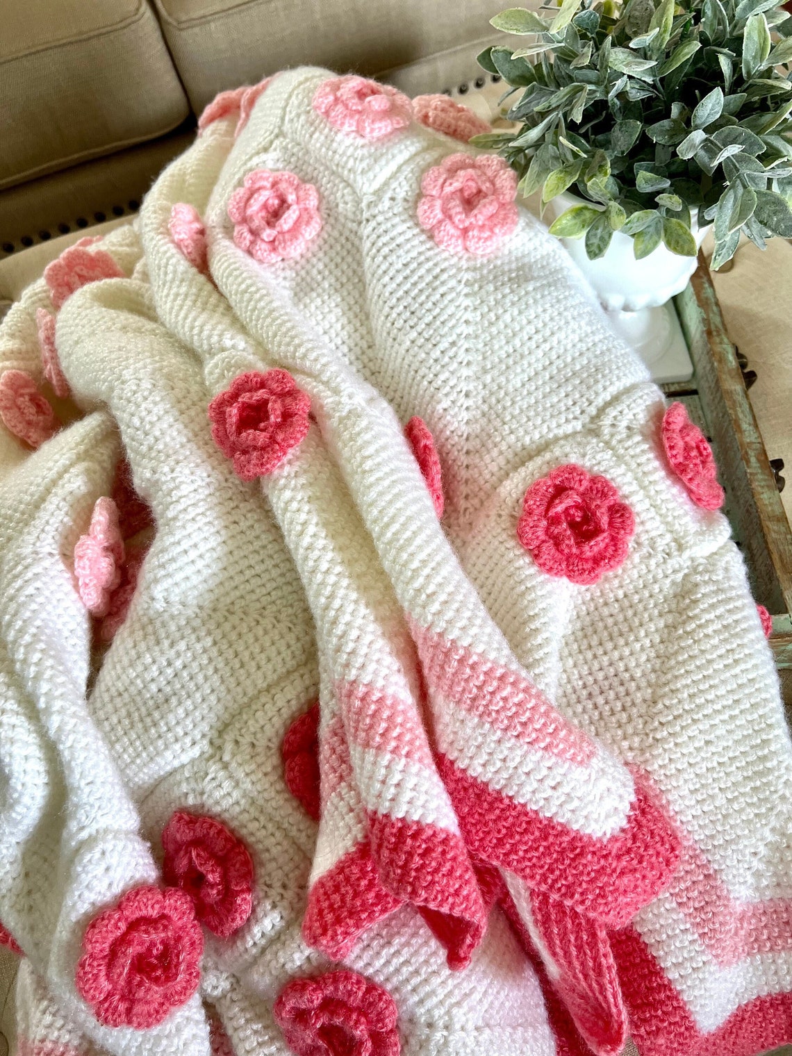 Vintage Hand Crochet Springtime Crochet 3D Bubble Flowers Baby Blanket ...
