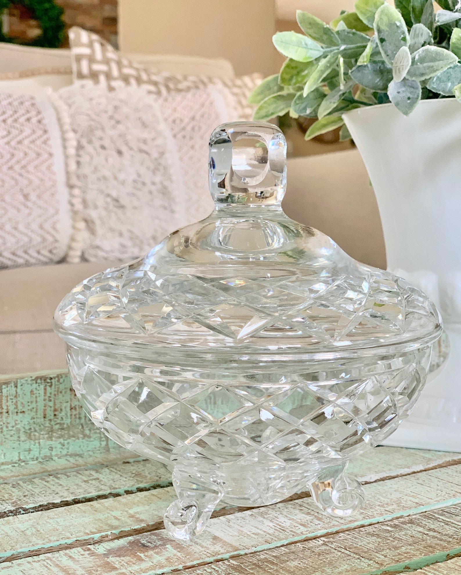 Crystal Footed Covered Dish Candy Trinket Criss Cross Cut Boda - Etsy ...