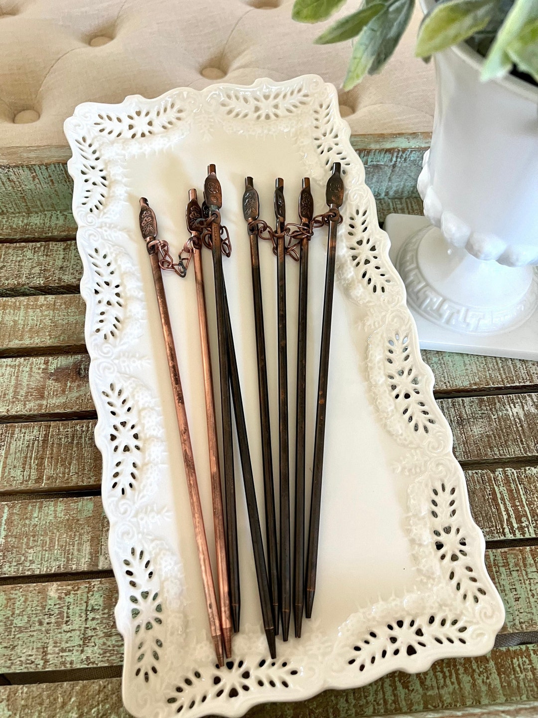 Set of Four Vintage Japanese Hibashi Copper Chopsticks, Floral Stamped ...