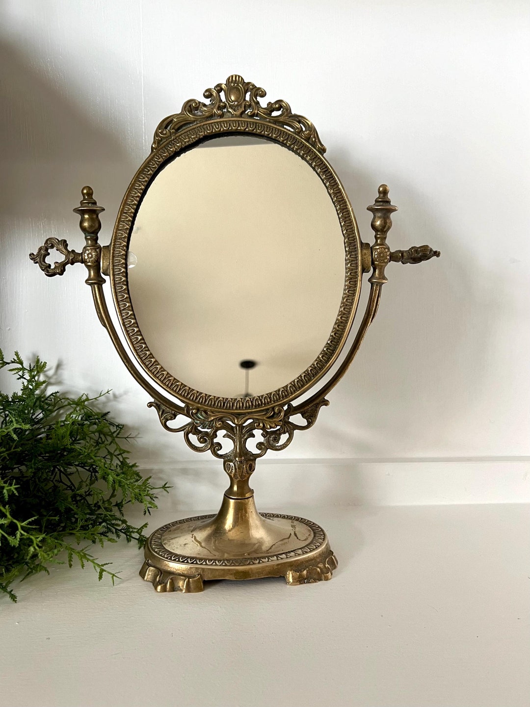 Vintage Brass Pedestal Vanity Mirror Makeup, Ornate Scrolls, Swivel ...