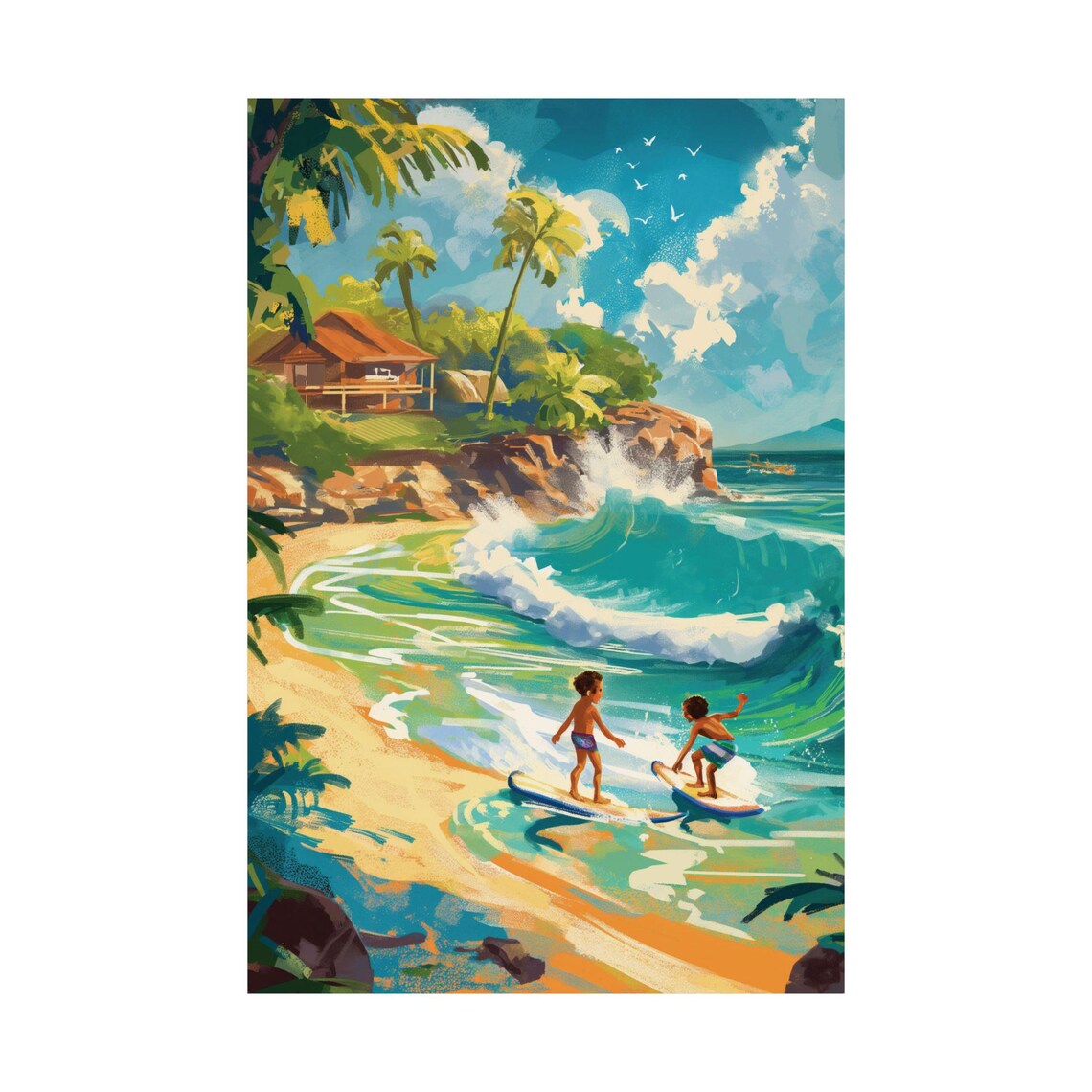 Kids Surfing Poster - Fun Beach Scene With Surfing Kids, Sun, and Sand ...