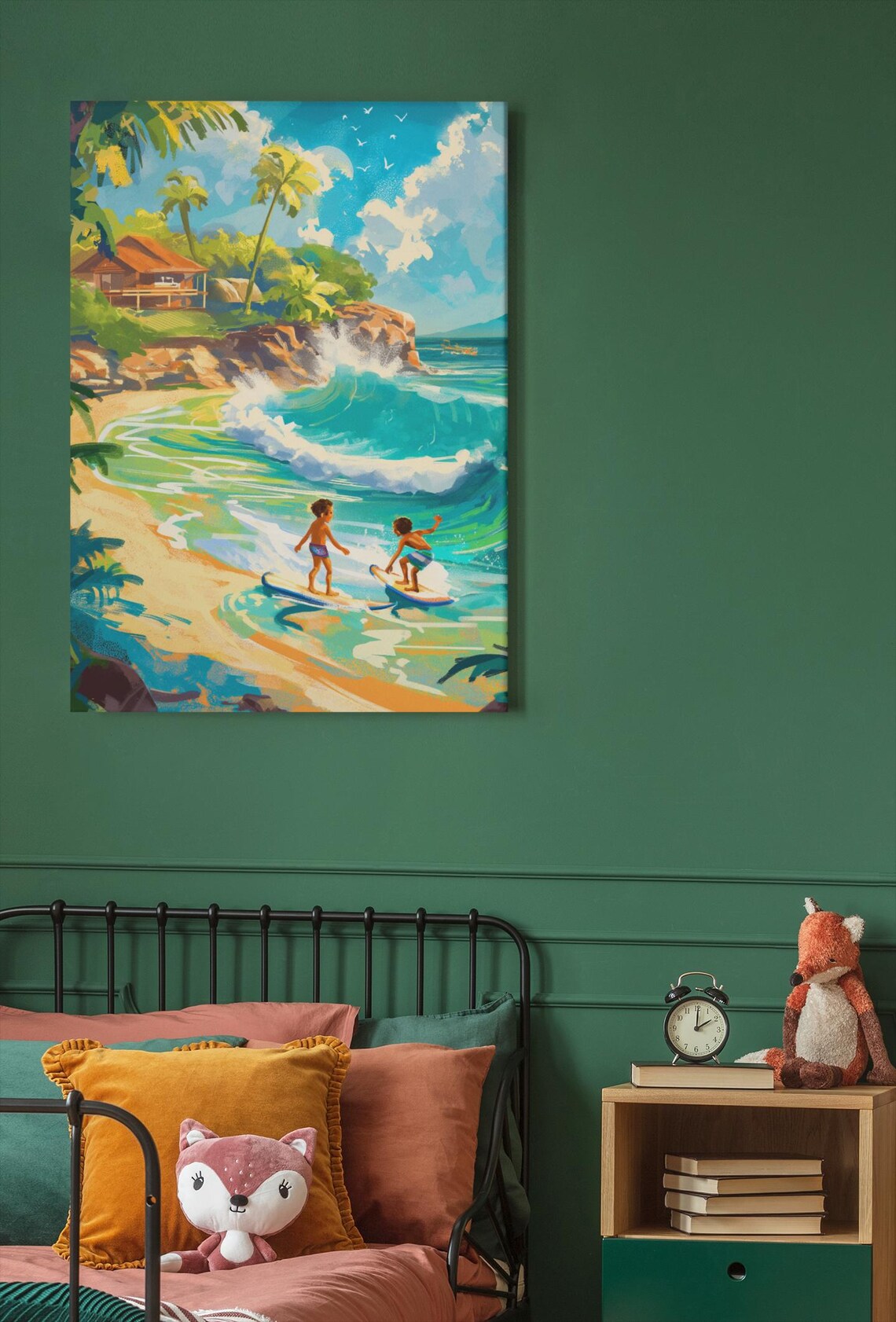 Kids Surfing Poster - Fun Beach Scene With Surfing Kids, Sun, and Sand ...