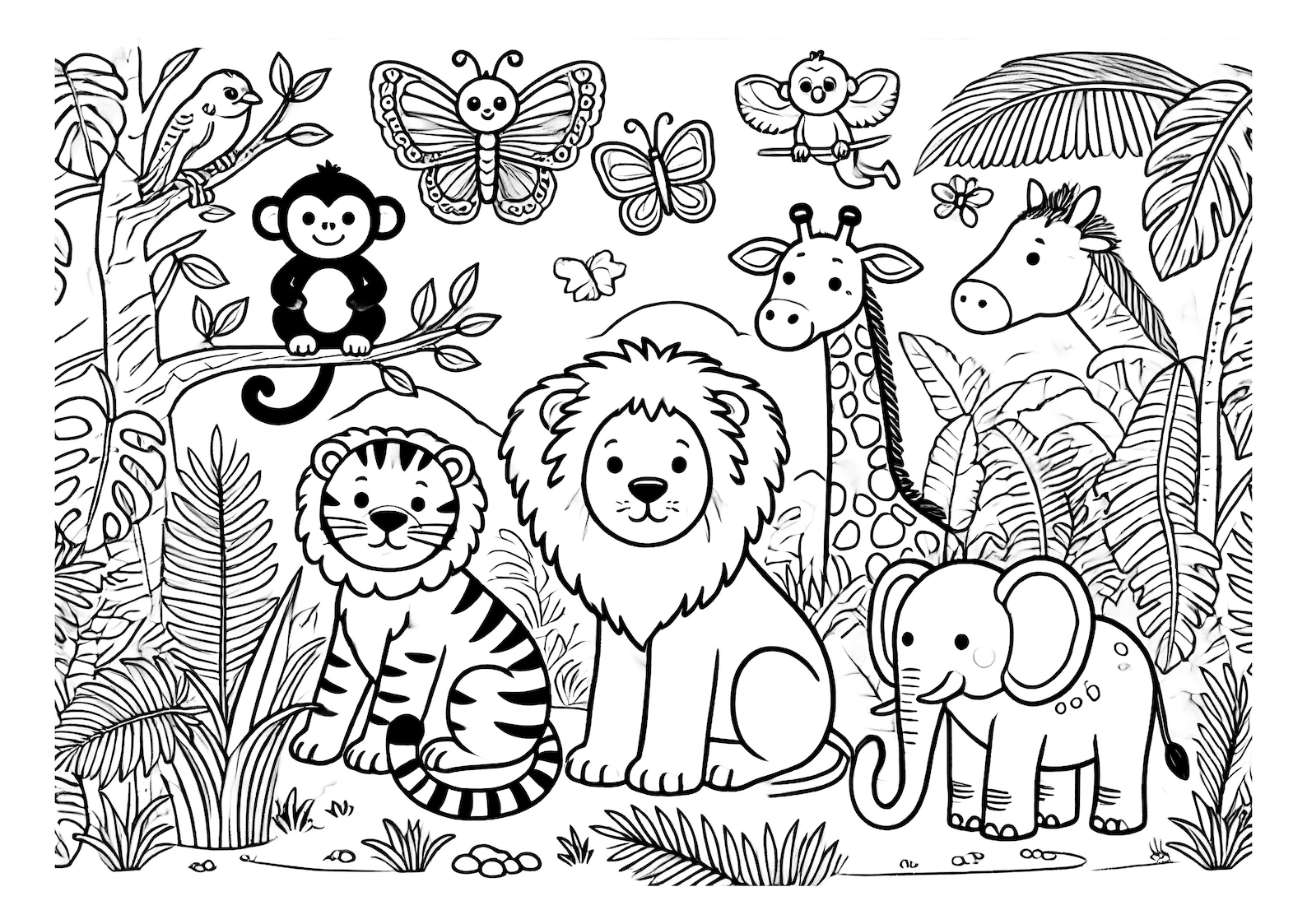 Cute Jungle Animals Children's Colouring Page | Tiger, Lion, Giraffe ...