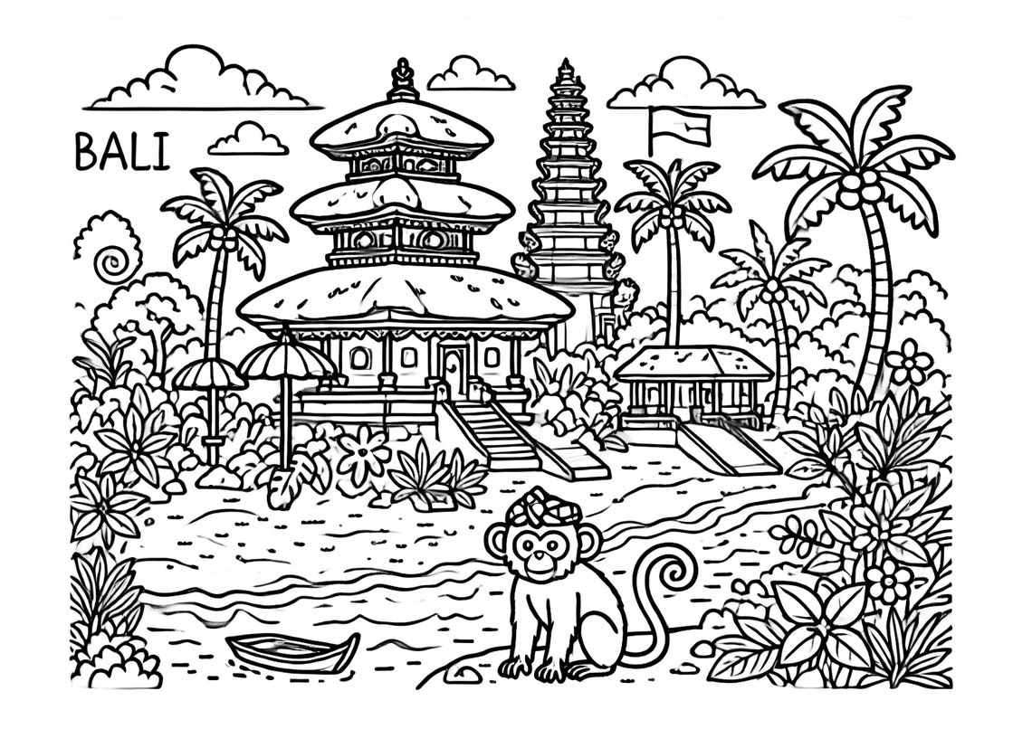 Bali Adventure Educational Coloring Page for Kids - Instant Digital ...