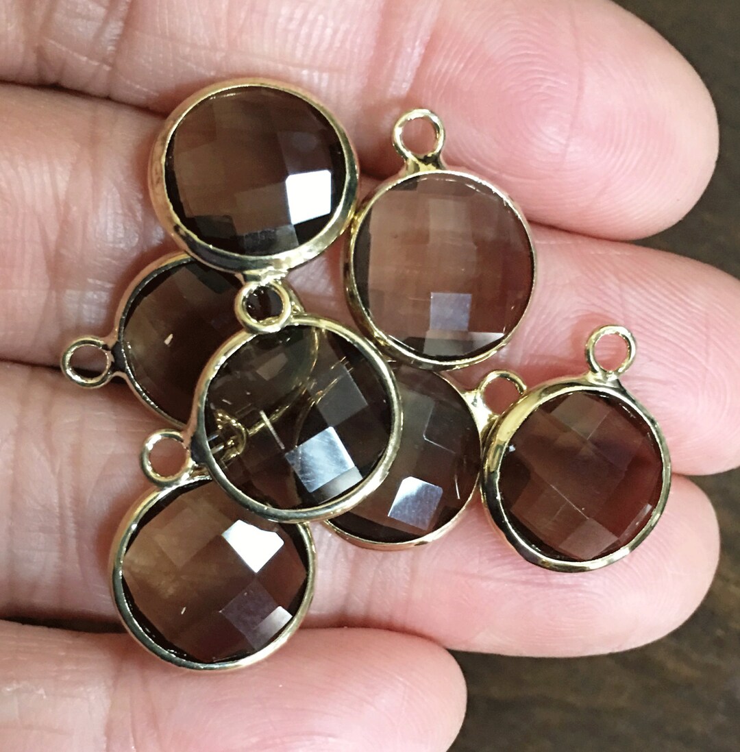 4 Glass Faceted Flat Round Pendant With Gold Frame, Smoky Glass Drops ...