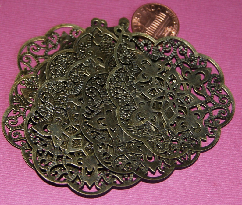10 Antiqued Brass Filigree Pendant 48x58mm - Etsy