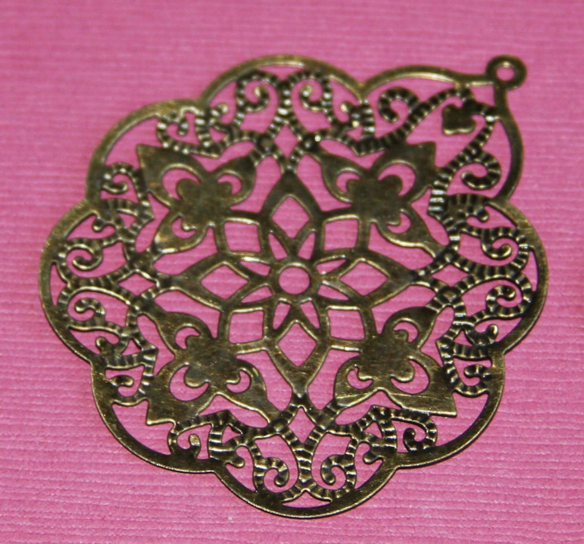 10 Antiqued Brass Filigree Pendant 48x58mm - Etsy