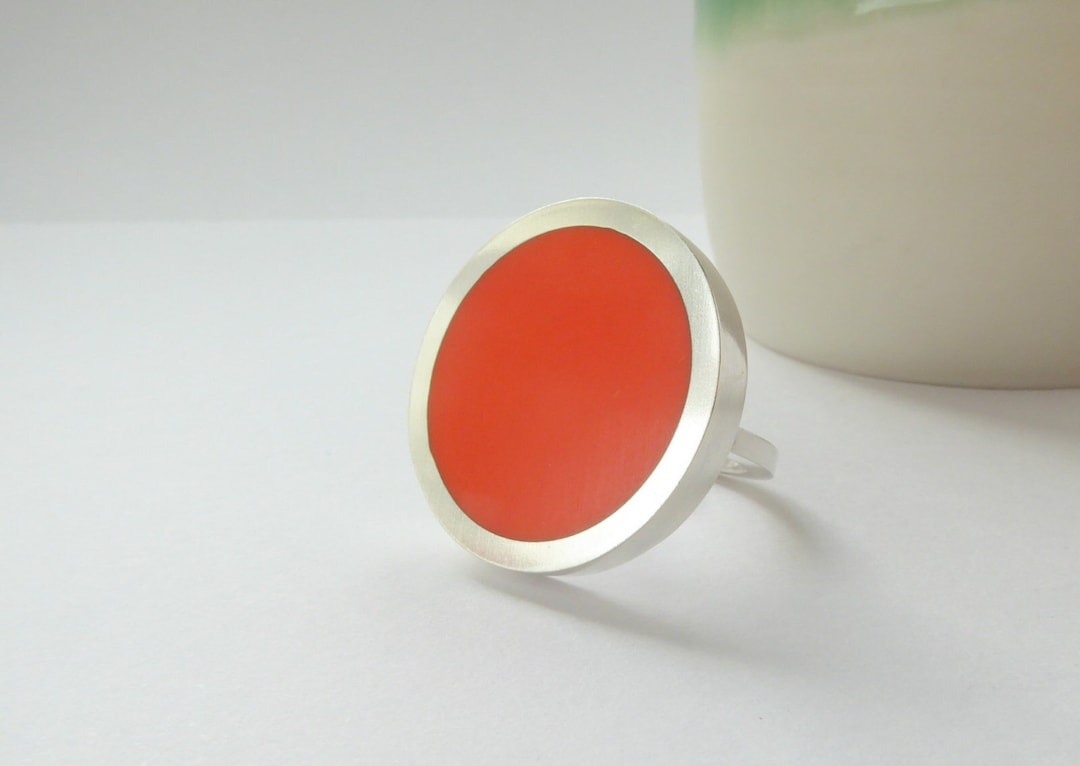 Large Round Orange Statement Ring in Resin & Silver - Pop Ring - Etsy UK