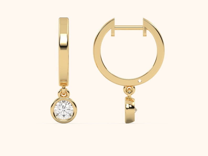 14k Gold Hoop With Dangling Diamond / Bezel Setting Dangling Diamond ...