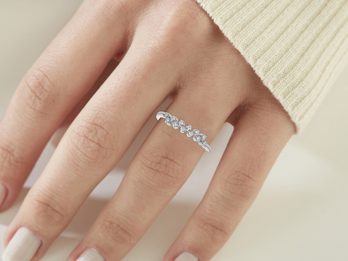 Zig Zag Ring / 14K Solid Gold Zig Zag Diamond Ring / Thin Band Diamond Ring / Minimalist Diamond ...