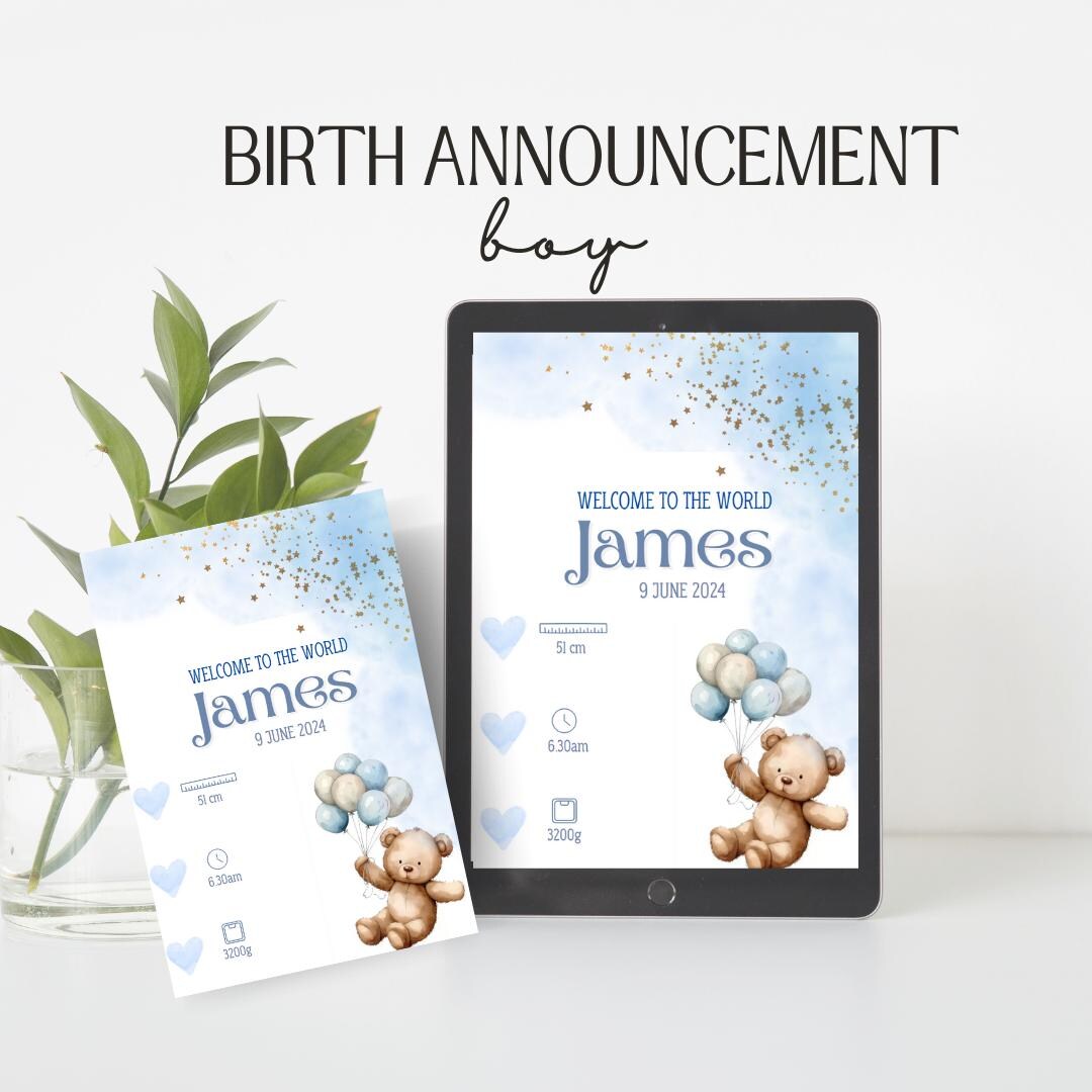 Editable Printable Blue Baby Boy Birth Announcement Card With Gold ...