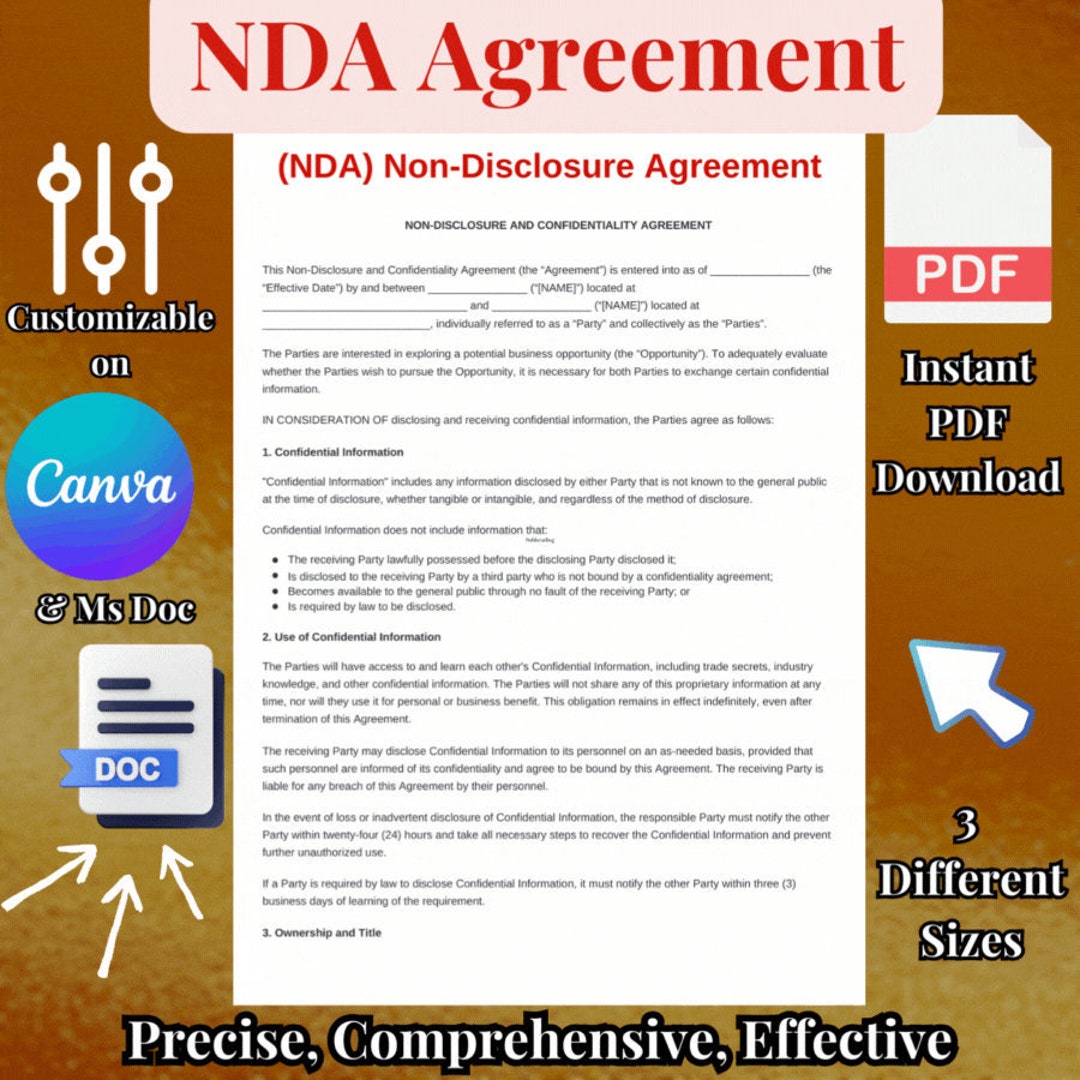 Non-disclosure Agreement NDA Template Customizable Legal Contract for ...