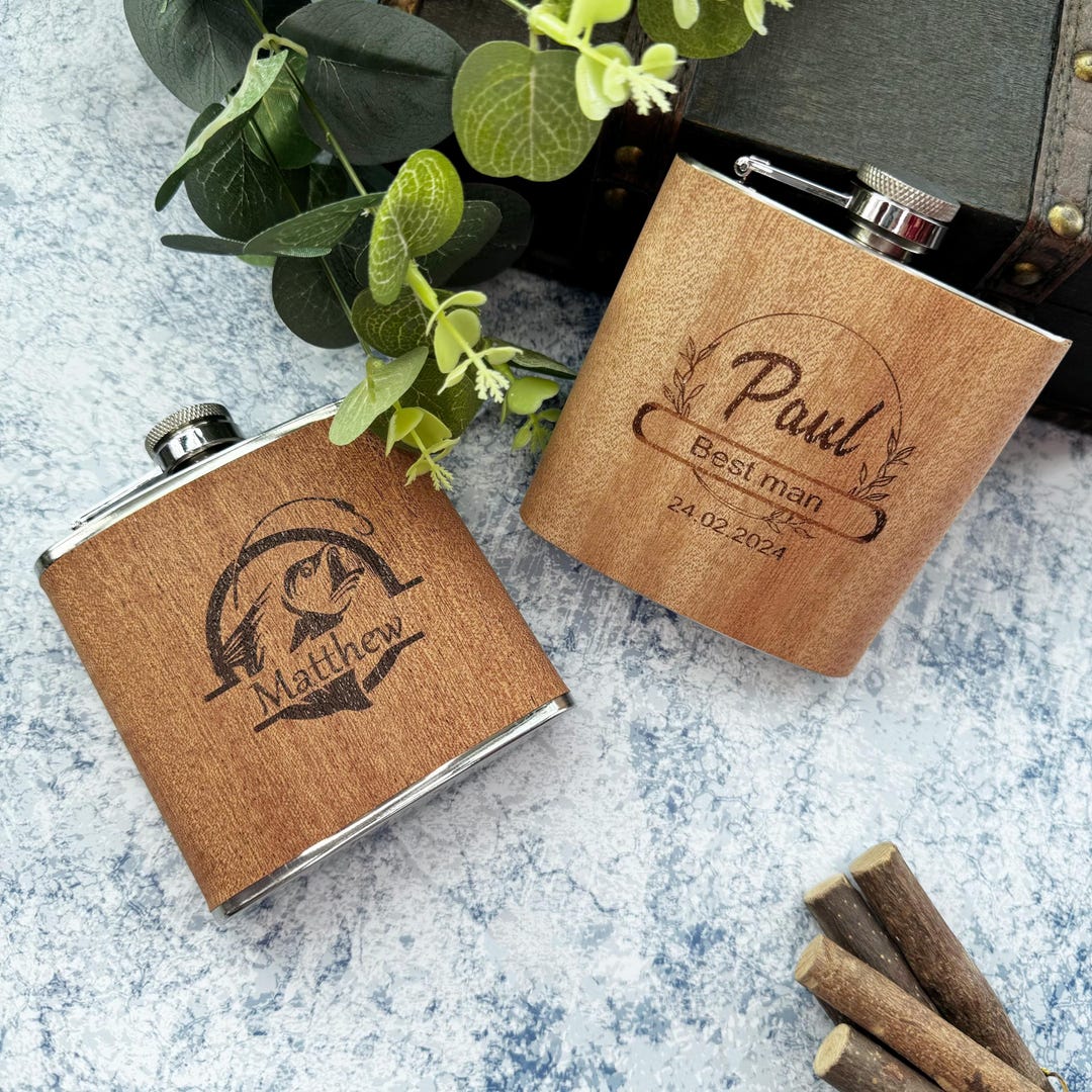 Premium 6oz Hip Flasks With Custom Engraving Wooden Flask , Groomsmen ...