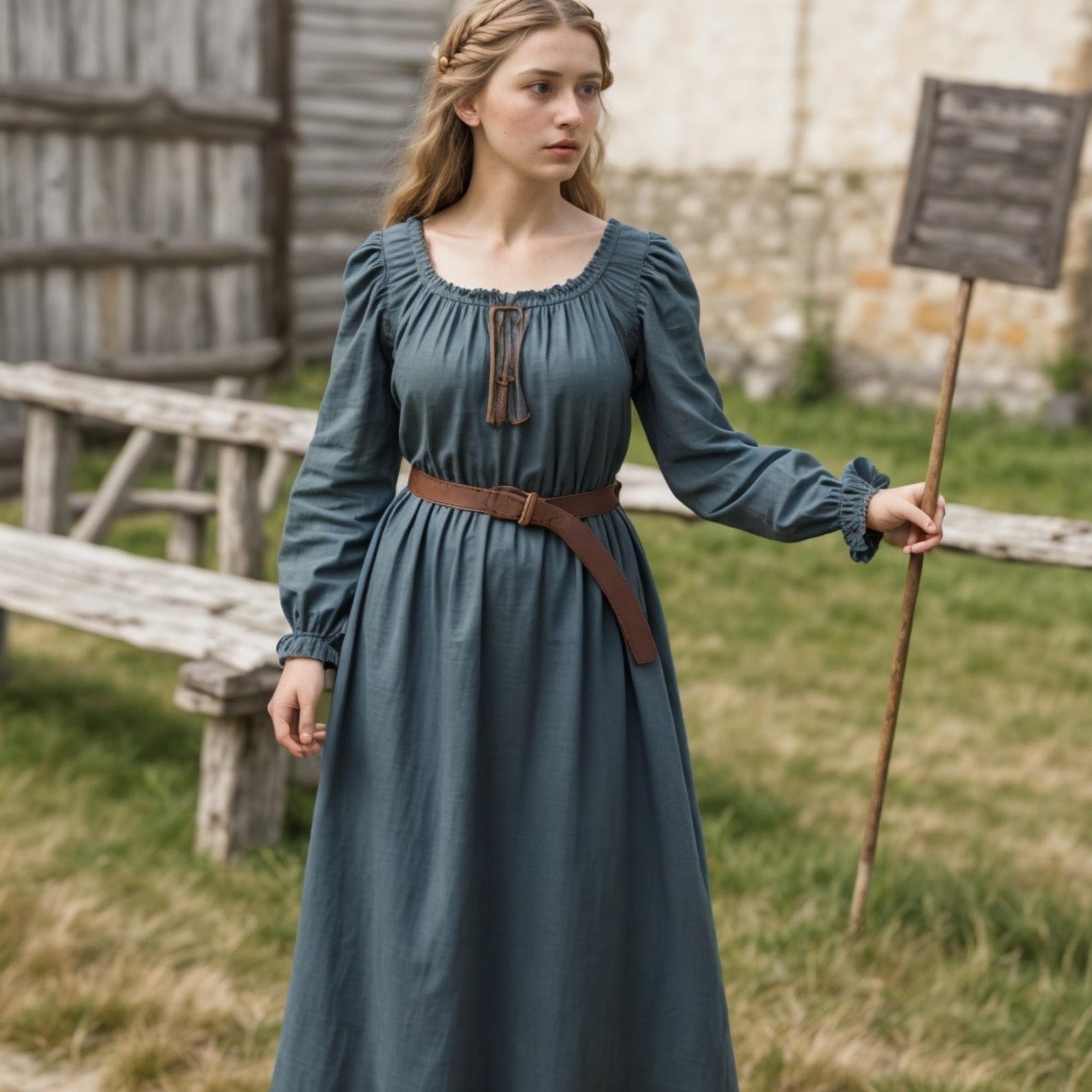 Women Long Medieval Dress Puffed Sleeves Historical LARP Costume Maiden ...