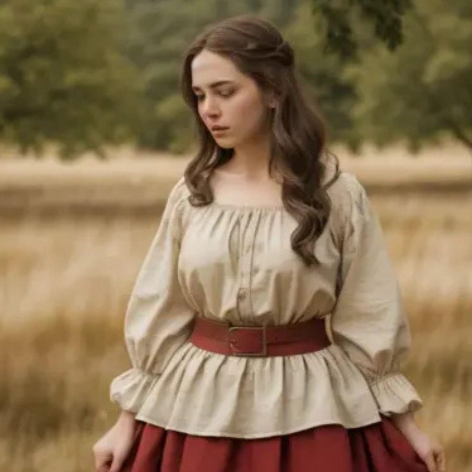 Victorian Era Beige Peasant Blouse With Belt | Women Cottage Core ...