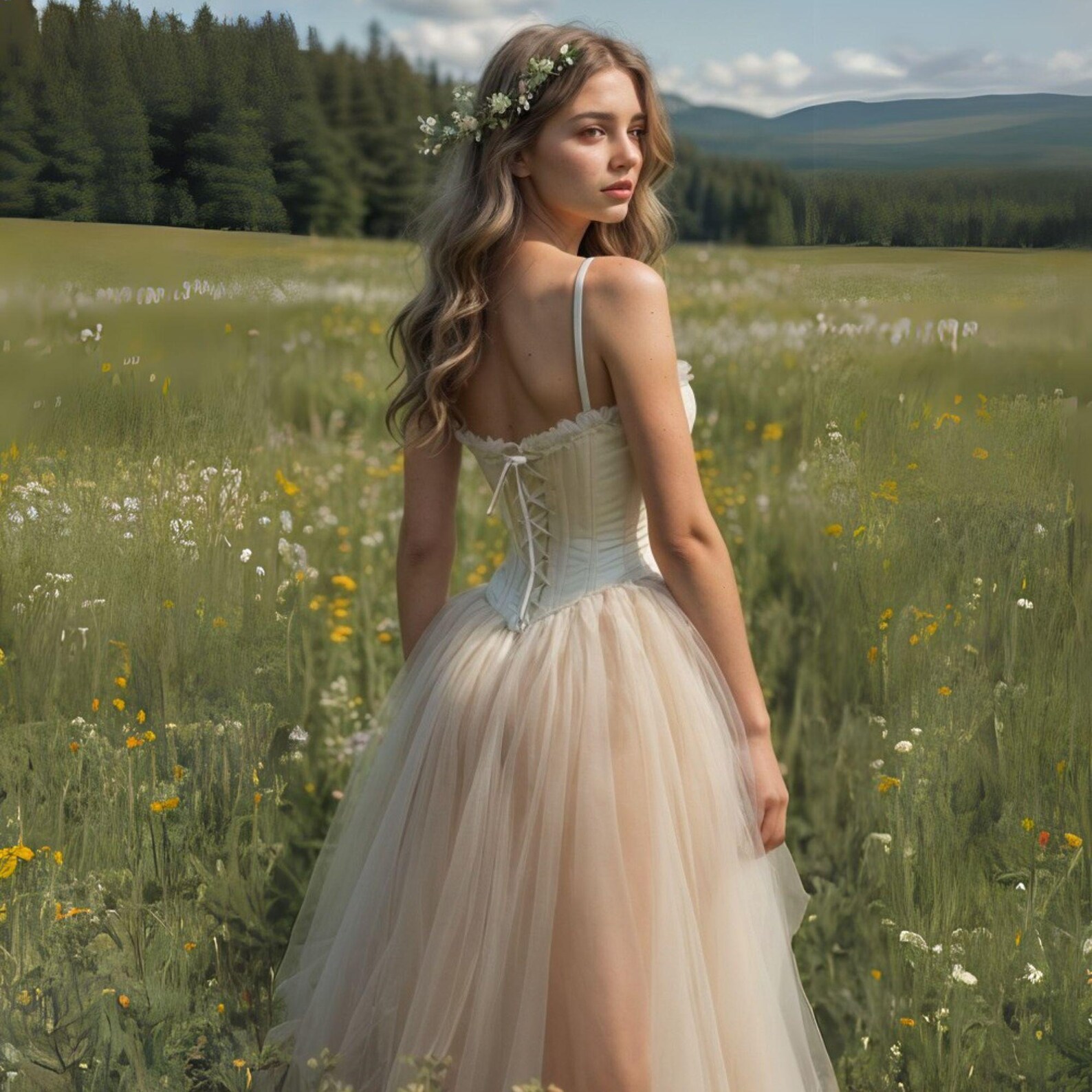 Elegant Ivory Tulle Dress | Corset Bodice & Lace-up Details | Custom ...