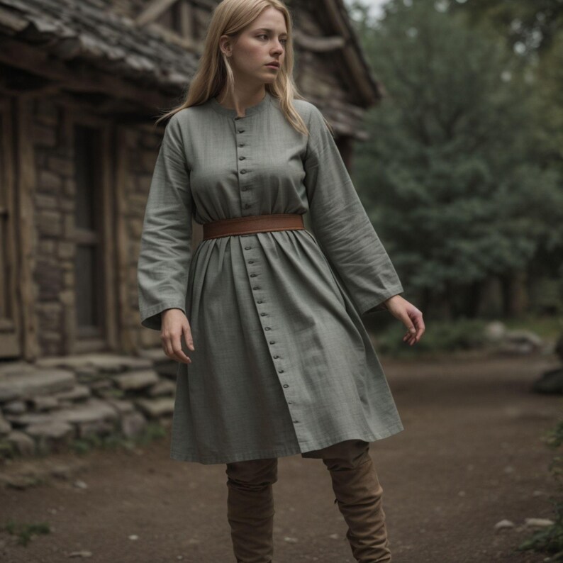 Minimalist Green Medieval Tunic Rustic Renaissance Women Buttoned Long ...