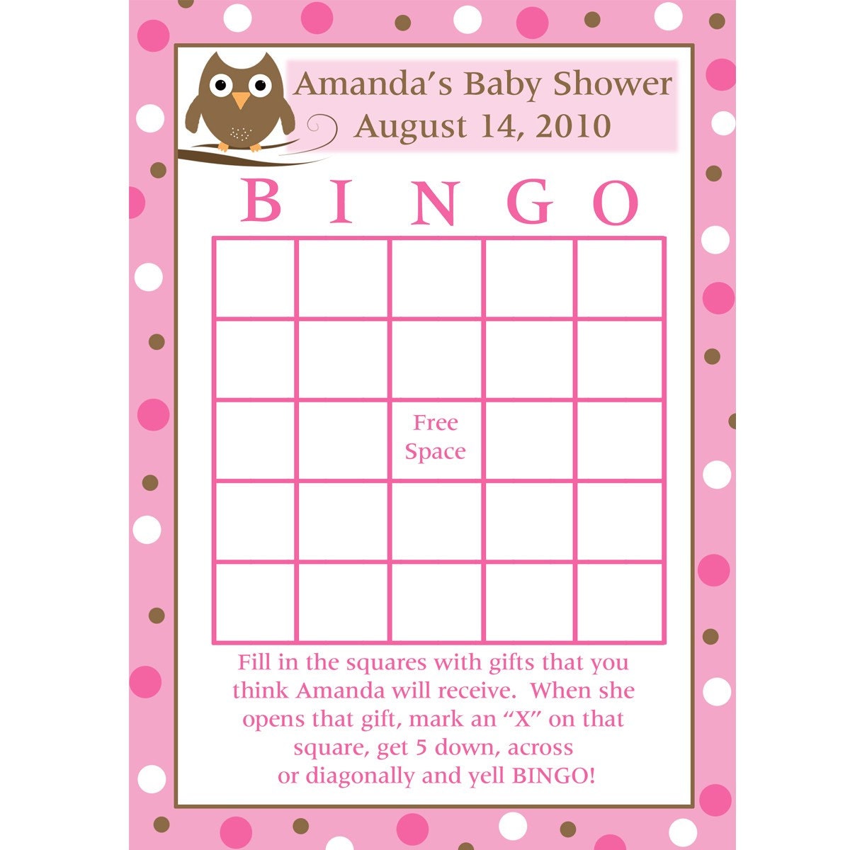 Owl Baby Shower Bingo Board