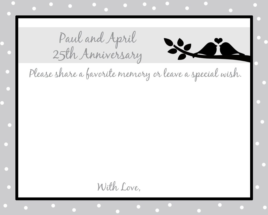 80 - Personalized 25th Anniversary Memory and Wishes Cards - Love Birds ...