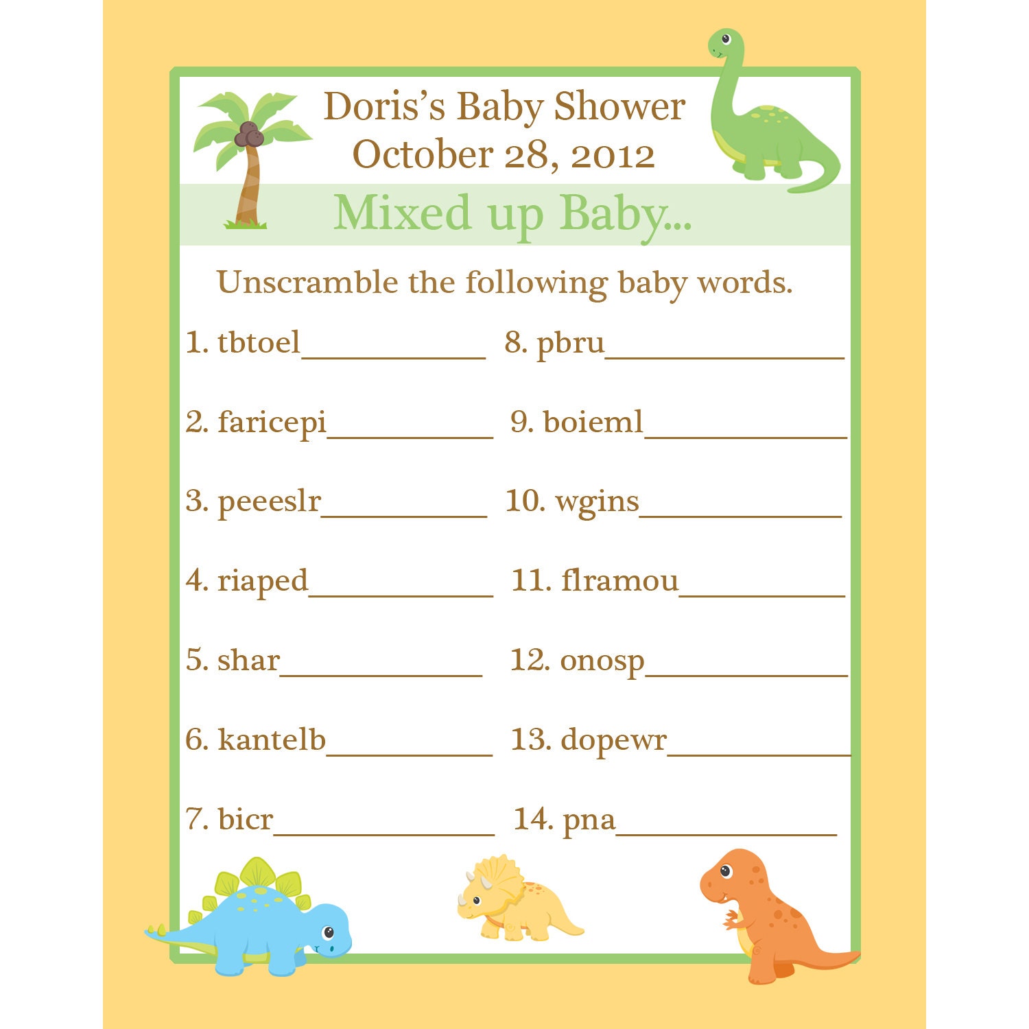 24 Baby Shower Game Cards Word Scramble Game Dinosaur Design - Etsy